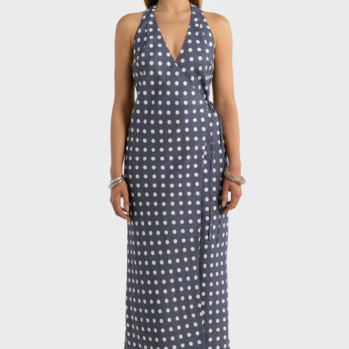ORTC Women's Elise Linen Wrap Full Length Dress Harbour Blue Polkadot ...